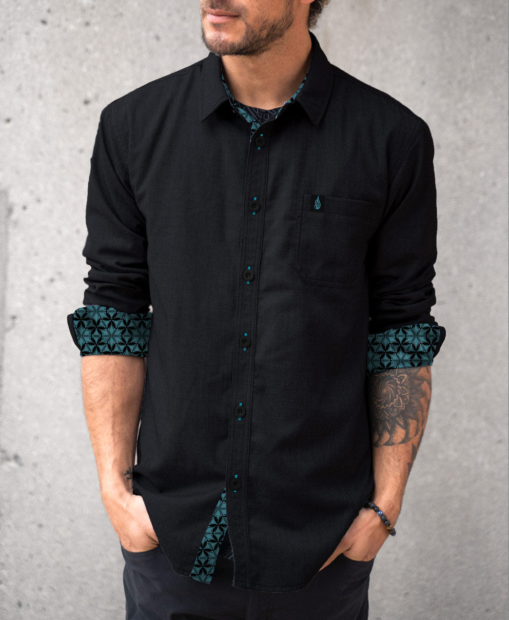 Turqoise Lined Button Down Shirt by Threyda - Threyda Art and Apparel
